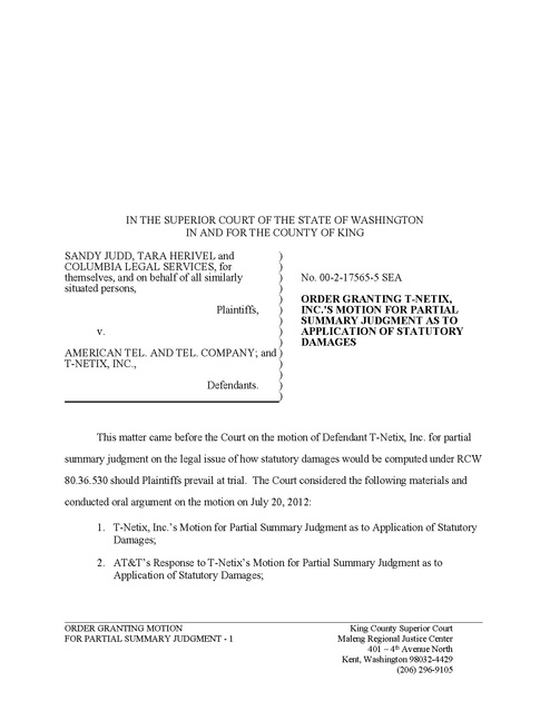 Judd v. ATT, WA, Order Granting T-Netix Motion for Partial Summary Judgment, Prison Phone Rate ...